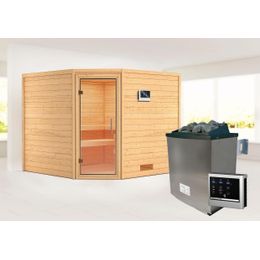 Karibu Sauna ""Leona" mit Klarglastür 2 Ofen 9 KW externe Strg modern" Saunen beige (naturbelassen) Saunen