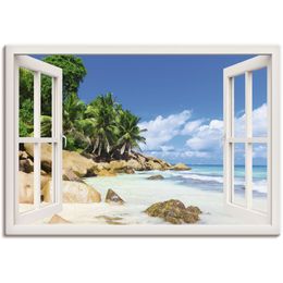 Wandbild Artland "Küste mit Palmen durchs Fenster" Bilder Gr. B/H: 100 cm x 70 cm, Leinwandbild Karibikbilder Querformat, 1 St., blau Kunstdrucke