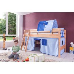 Relita Halbhohes Spielbett Kim mit 3 tlg. Stoff-Set blau, Buche massiv natur lackiert