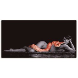 Wandbild Artland "Frau in Wasser liegend mit Python" Bilder Gr. B/H: 150 cm x 75 cm, Leinwandbild Frau Querformat, 1 St., rot Kunstdrucke