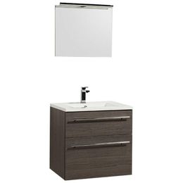 Waschbeckenunterschrank 60cm + Waschbecken + Spiegel + Beleuchtung maia / Räuchereiche/