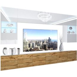 Wohnwand Vollausstattung Wohnzimmer-Set Moderne Schrankwand mit LED-Beleuchtung Anbauwand TV-Schrank Weiß/Eiche Wotan - Belini