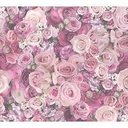 A.S. Création Rosen Tapete in Rosa Pink | Romantisches Tapeten Panel für Schlafzimmer | Selbstklebende Vliestapete mit Rosen im Shabby Chic - Beige / Crème