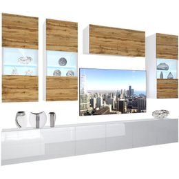 Belini - Wohnwand Vollausstattung Wohnzimmer-Set Moderne Schrankwand mit LED-Beleuchtung Anbauwand TV-Schrank Eiche Wotan/Weiß