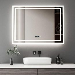 Badspiegel mit beleuchtung 80x60cm touch mit uhr led spiegel bad badezimmerspiegel mit licht dimmbar wandschalter warmweiß