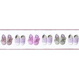 A.S. Création Babyzimmer Tapetenbordüre in Grau und Pink | Verspielte Wandbordüre mit Baby Schuhen ideal für Mädchenzimmer | Vlies Tapeten Bordüre für Kinderzimmer