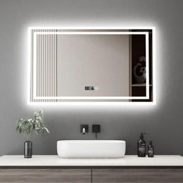 Boromal - badspiegel 100x60cm mit uhr mit led touch beleuchtung bad spiegel badezimmerspiegel mit licht 3 Fach wandschalter warmweiß
