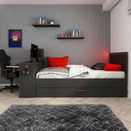 Toscohome - Schlafzimmer mit ausziehbarem Einzelbett und eingebautem Schreibtisch anthrazit und rot wendbar