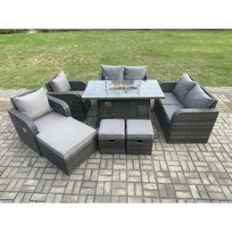 9-Sitzer Rattan Gartenmöbel Set Propan Gas Feuergrube Tisch und Sofa Stuhl set mit 3-Hocker - Fimous