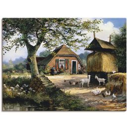 Wandbild Artland "Idyllische Farm mit Hühnern und Ziegen" Bilder Gr. B/H: 120 cm x 90 cm, Leinwandbild Garten Querformat, 1 St., grün Kunstdrucke