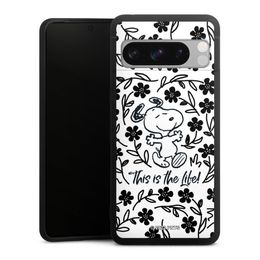 DeinDesign Google Pixel 8 Pro Handy Premium Silikon H&uuml;lle Handyh&uuml;lle schwarz Case Peanuts Flowers Snoopy Silikon Premium Case