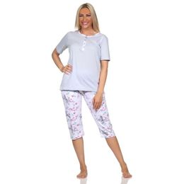 Normann Pyjama Damen Schlafanzug kurzarm mit Capri-Hose in floralem Print