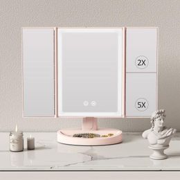 Schminkspiegel led Kosmetikspiegel Vergrößerungsspiegel zweiseitig Touchschalter,3 Lichtfarben Dimmbar, usb Aufladbar,2x/5x Vergrößerung Rosa - Emke