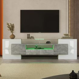 Okwish - Stilvoller TV-Schrank, Lowboard.hochglänzendes Weiß, 200 cm, LED-Beleuchtung, Wohnzimmermöbel. modernes Design. elegante Glasoberfläche grau