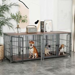 Hundekäfig Schrank Holz Indoor 2 in 1 Hundebox im Möbelstil mit Abnehmbarer Trennwand und 4 Türen, Haustierkäfig für 2 kleine Hunde oder mittelgrosse