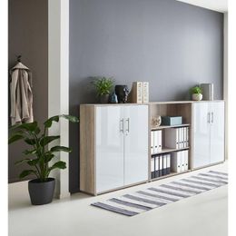 Abschließbare Regalwand/Schrankwand, Office Edition Set 9, Eiche Sonoma / weiß hochglanz - natur - Bmg Möbel