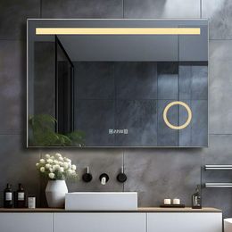 Led Badspiegel mit Beleuchtung 70 80 100 120 cm, Bad Spiegel Groß badezimmerspiegel mit Steckdose / Uhr Touch Dimmbar Warmweiß/Kaltweiß Licht