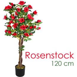 Decovego - Rose Rosenstock Rosenbusch Kunstpflanze Künstliche Pflanze mit Blüten Rot Echtholz 120 cm Kunstblume Innendekoration Kunst Pflanze wie