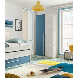 Kleiderschrank Abilene, Schlafzimmer Kleiderschrank mit 2 Flügeltüren, Schrank mit 3 Einlegeböden und Kleiderstange, cm 90x52h200, Weiß und blau