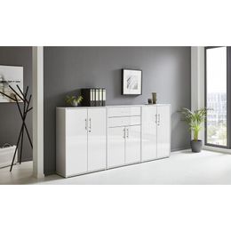 Abschließbare Regalwand/Schrankwand, Office Edition Set 15, grau/ weiß hochglanz - Grau - Bmg Möbel