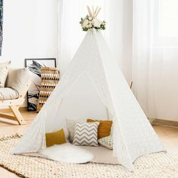 Spitzen Tipi Zelt für Kinder, Spielzelt aus Kiefernholz mit bunten Sternlicht & rutschfeste Füße für Kinder & Erwachsene, Indianerzelt für Hochzeit,