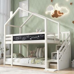 YARDIN Hausbett Kinderbett 90x200 mit Speicherung und Rausfallschutz, Etagenbett Baumhaus Hochbett mit 2x Holz Lattenrost und Treppe für 2 Kinder