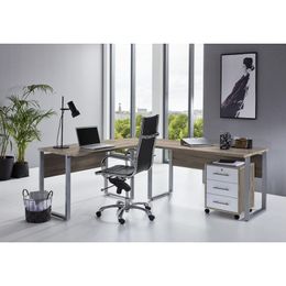 BMG Möbel Winkelschreibtisch Eckschreibtisch Schreibtisch mit abschließbarem Rollcontainer in Eiche Sonoma / weiß - natur