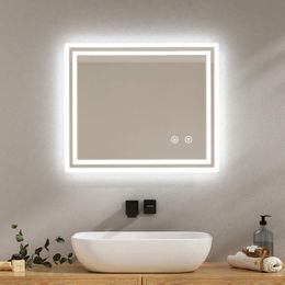Badspiegel mit Touch 6500K LED-Beleuchtung eckig, Beschlagfrei, Helligkeit Einstellbar, Memory-Funktion, Horizontal&Vertical 60 x 50 cm - Emke