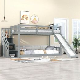 Kinder-Etagenbett mit Treppe, Rutschen und 3 Schubladen, 90x200cm, grau