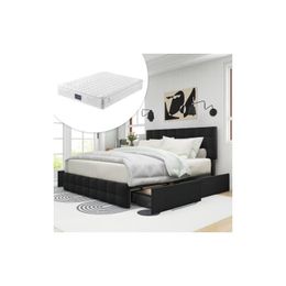 Stauraumbett Betten mit Bettkästen mit 4 Schubladen Doppelbett 140x200 cm schwarz-mit Matratze - Schwarz