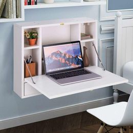 GOPLUS Wandklapptisch mit Regal, Arbeitstisch für PC Computer, Wandschrank Ausklappbar, PC-Schreibtisch Modern, Computertisch Platzsparend,