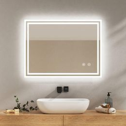 Badspiegel mit Touch 6500K LED-Beleuchtung eckig, Beschlagfrei, Helligkeit Einstellbar, Memory-Funktion, Horizontal&Vertical 90 x 70 cm - Emke