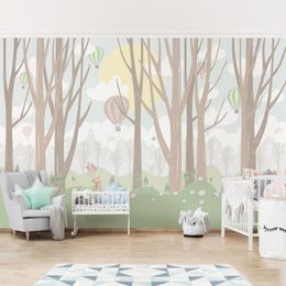 MICASIA Selbstklebende Tapete Kinderzimmer - Sonne mit Bäumen und Heißluftballons - Fototapete Querformat Größe HxB: 190cm x 288cm