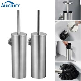 Auralum - 2er wc Bürste mit Halter Edelstahl Toilettenbürste Set Langer Stiel klobürste und schnell trocknendem Haltersatz fürs Bad oder Gäste-WC