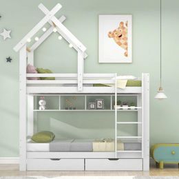 Kinder-Etagenbett mit Schubladen, Regalen, Treppe, Absturzsicherung, weiß (90x200 cm)