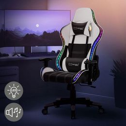 ML-Design - Gaming Stuhl mit rgb LED-Beleuchtung & Bluetooth-Lautsprechern, Weiß, Kunstleder, Ergonomischer Bürostuhl, Hohe Rückenlehne, Kopfstütze,