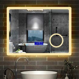 AICA SANITAIRE Badspiegel mit Beleuchtung Badezimmerspiegel Wandspiegel Wasserdicht Wandmontagespiegel Lichtspiegel 100 x 60 cm Beschlagfrei Bluetooth 3 Lichtfarben