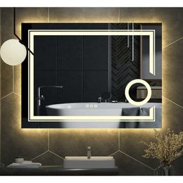 Badspiegel mit Beleuchtung mit 3X Kosmetikspiegel, led Badspiegel 80x60cm Badezimmerspiegel Touch+Dimmbar+Beschlagfrei