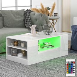 Elbs - Rechteck Couchtisch hochglanz Beistelltisch mit LED-Beleuchtung, 4 Ablage und 2 Schubladen, inkl Fernbedienung, Weiß - Weiß