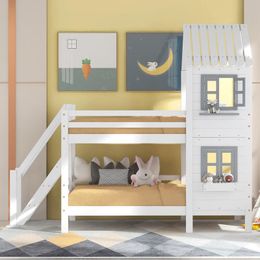 Hausbetten Etagenbett mit Handlauf und Fenster 90x200cm, Kinderbett mit Fallschutz und Gitter, weiß - weiß