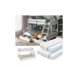 Vitalispa Hochbett Kinderbett Spielbett Everest Wei&szlig; modern 120x200 Massivholz Kinderzimmer Bett Lattenrost Bettleiter Kletterbett Doppelbett Geschwisterbett Bettschublade Rollschublade Matratze