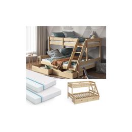 Vitalispa Hochbett Kinderbett Spielbett Everest Natur modern 140x200 Massivholz Kinderzimmer Bett Lattenrost Bettleiter Kletterbett Doppelbett Geschwisterbett Bettschublade Rollschublade Matratze