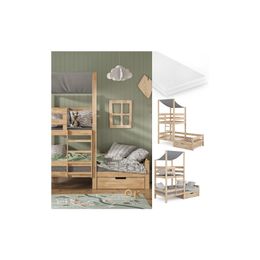 VICCO VitaliSpa Spielturmbett Kinderbett Spielbett Tom Natur modern 204x218 cm Massivholz Kinderzimmer Lattenrost Bettleiter Bett Schublade Matratze Abenteuerbett Kletterbett