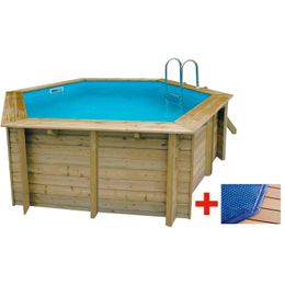 Ubbink Sechseckpool Azura 410 (Komplett-Set, 10-tlg), ø410x120 cm, Holzpool komplett mit Filteranlage und Isotherm-Abdeckung, grau