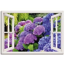 Wandbild Artland "Fensterblick Hortensien im Garten" Bilder Gr. B/H: 100 cm x 70 cm, Leinwandbild Blumen Querformat, 1 St., lila Kunstdrucke