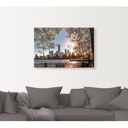 Wandbild Artland "Sonnenaufgang über New York" Bilder Gr. B/H: 120 cm x 80 cm, Leinwandbild Amerika, 1 St., blau Kunstdrucke