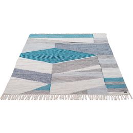 Teppich Tom Tailor HOME "Modern Kelim" Teppiche Gr. B/L: 65 cm x 135 cm, 5 mm, 1 St., blau (türkis) Schurwollteppiche