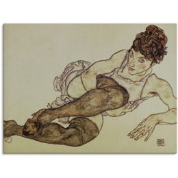 Wandbild Artland "Liegende Frau mit grünen Strümpfen. 1917" Bilder Gr. B/H: 120 cm x 90 cm, Leinwandbild Frau, 1 St., beige (natur) Kunstdrucke