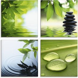 Glasbild Artland "Blätter Wasser Zen Steinpyramide Tropfen" Bilder Gr. B/H: 40 cm x 40 cm, Zen, 4 St., grün Glasbilder