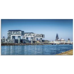 Glasbild Artland "Köln Kranhäuser und Dom" Bilder Gr. B/H: 100 cm x 50 cm, Glasbild Gebäude Querformat, 1 St., blau Glasbilder
